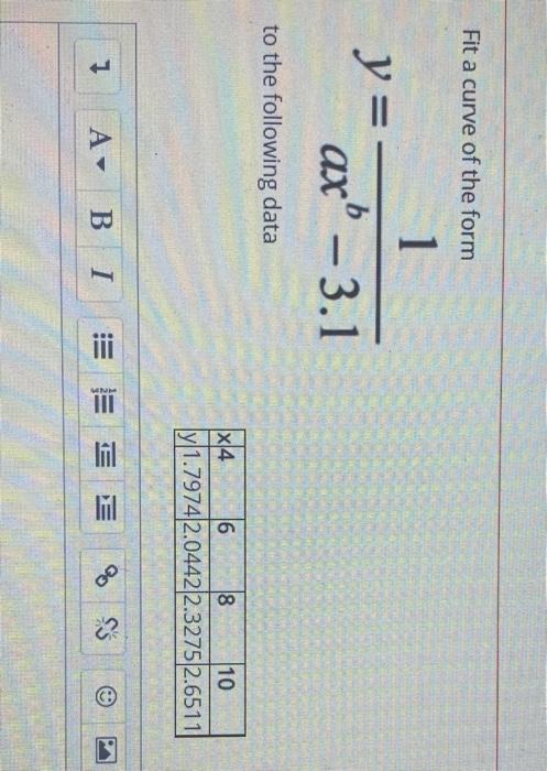Solved Fit a curve of the form 1 y=- axb - 3.1 to the | Chegg.com