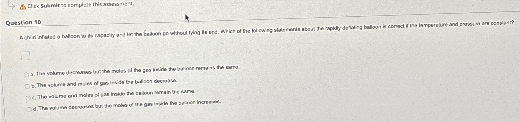Solved Click Submit to complete this assessment.Question 10A | Chegg.com