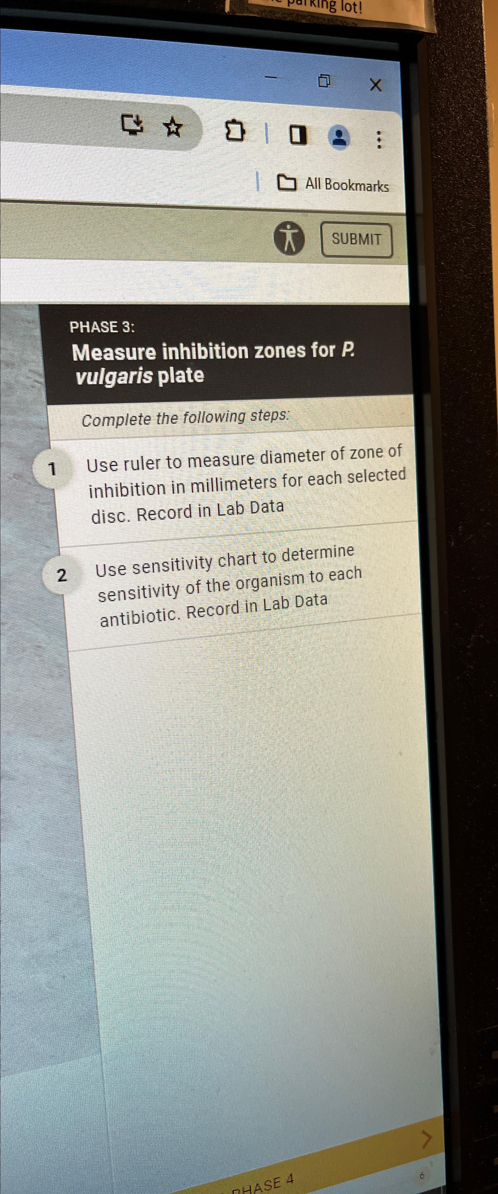 Solved All BookmarksSUBMITPHASE 3:Measure inhibition zones | Chegg.com