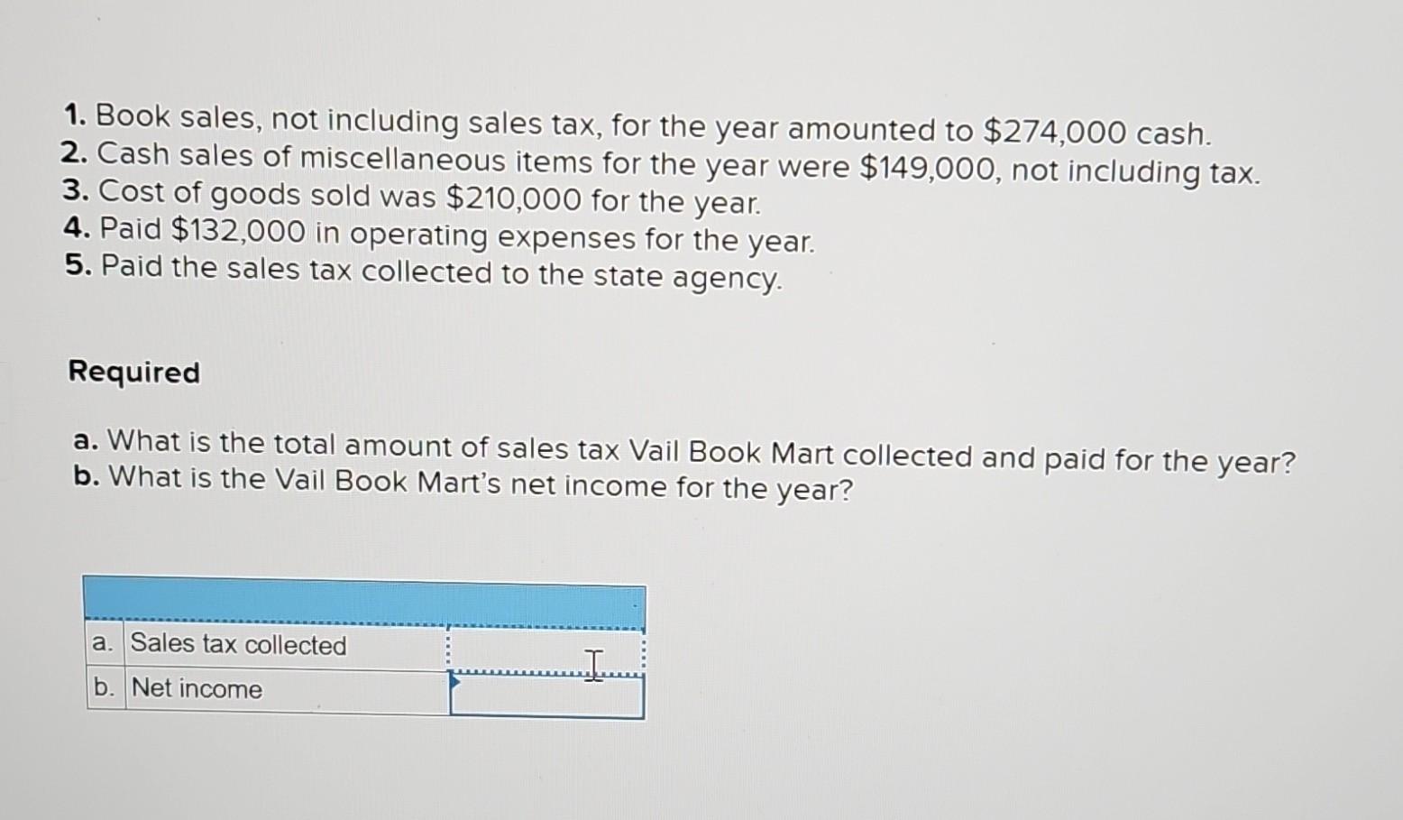 Solved 1. Book sales, not including sales tax, for the year | Chegg.com