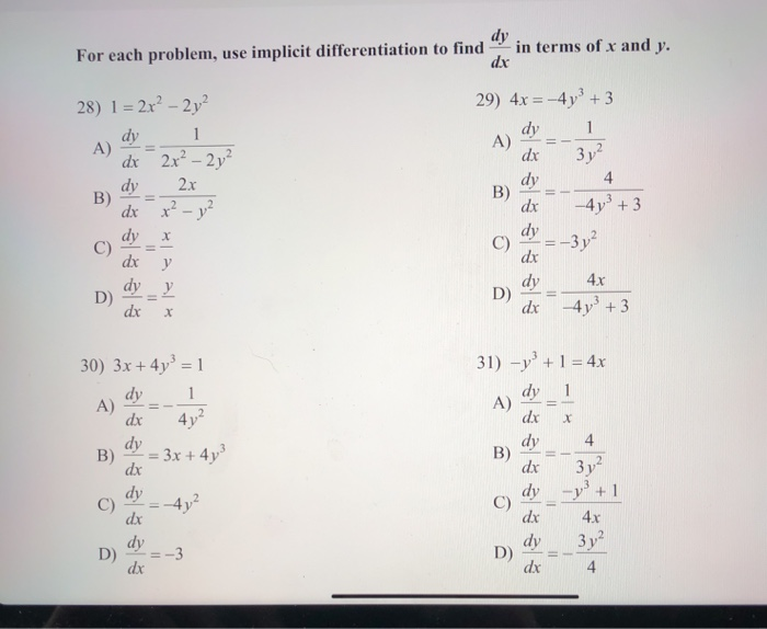 Solved For each problem, use implicit differentiation to | Chegg.com