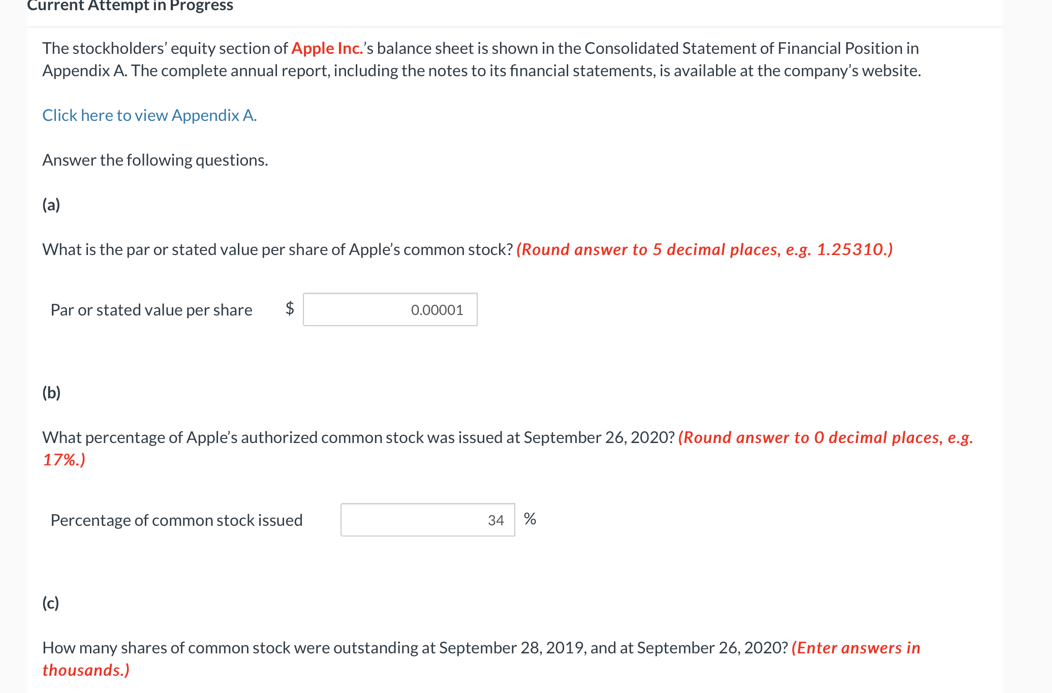 Solved The stockholders' equity section of Apple Inc.'s | Chegg.com