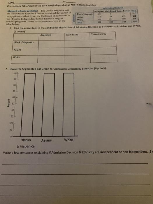 Solved NAME PD Contingency Table/Segmented Bar | Chegg.com