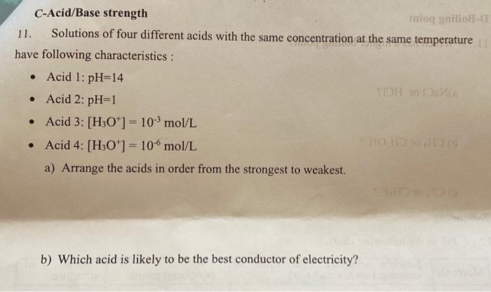 Solved C-Acid/Base strength 11. Solutions of four different | Chegg.com