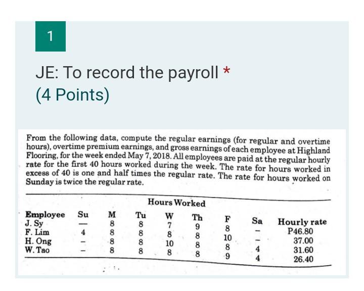 Solved 1 JE: To record the payroll * (4 Points) From the | Chegg.com