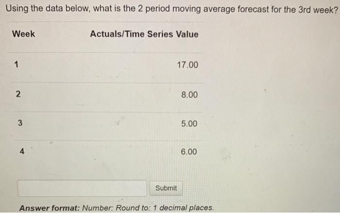 Solved Using the data below, what is the 2 period moving | Chegg.com