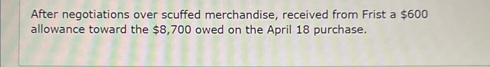Solved After negotiations over scuffed merchandise, received | Chegg.com
