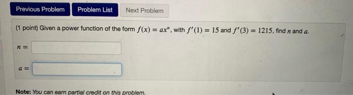 Solved (1 point) Given a power function of the form | Chegg.com