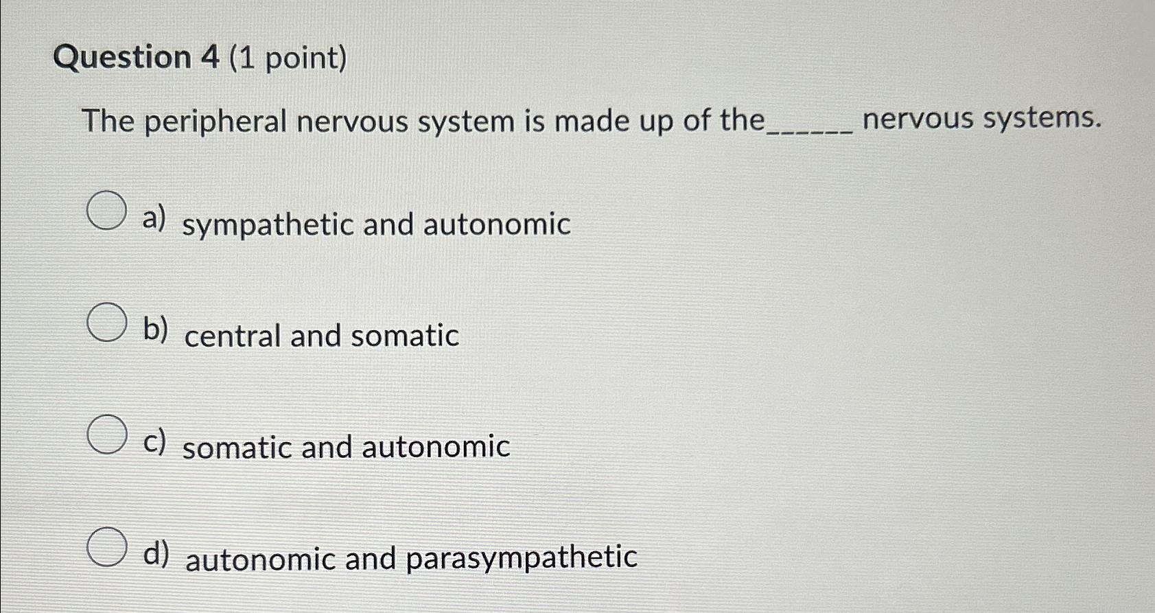 Solved Question 4 (1 ﻿point)The peripheral nervous system is | Chegg.com