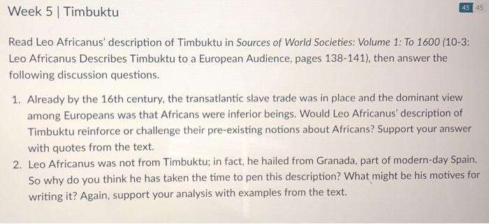 45 45 Week 5 | Timbuktu Read Leo Africanus' | Chegg.com