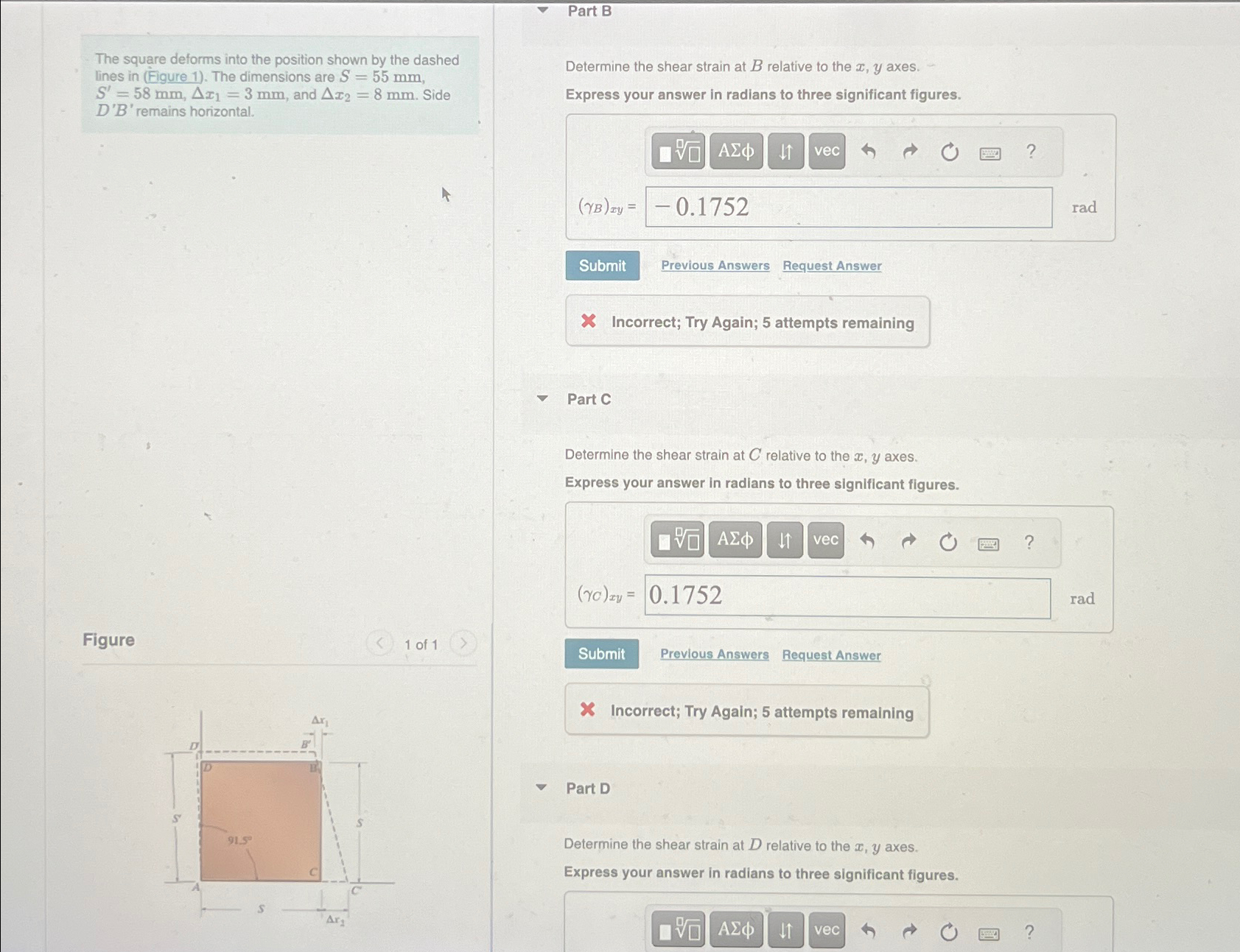 Solved Part BThe square deforms into the position shown by | Chegg.com