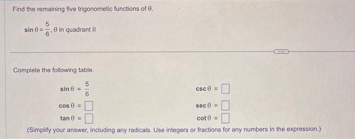 Solved Find the remaining five trigonometic functions of θ. | Chegg.com