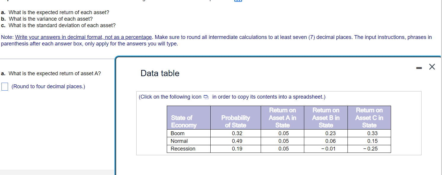 Solved Expected return and standard deviation. Use the | Chegg.com