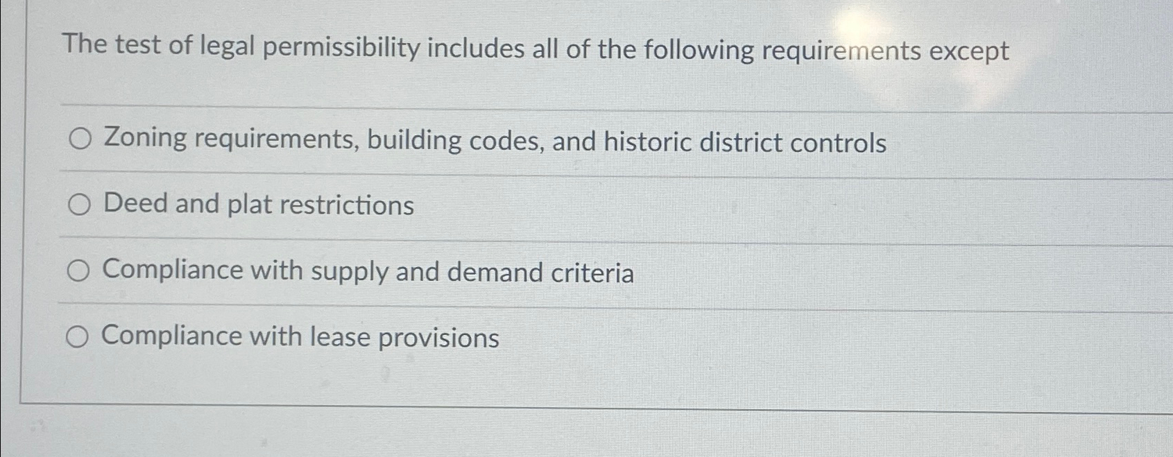 Solved The test of legal permissibility includes all of the | Chegg.com