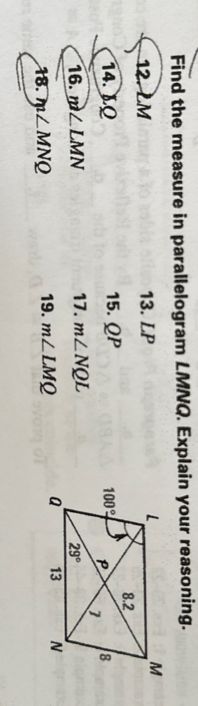 Solved Find the measure in parallelogram LMNQ. ﻿Explain your | Chegg.com