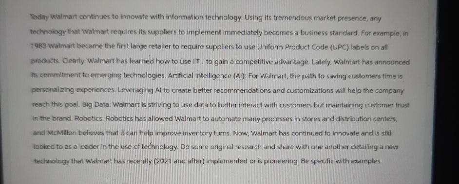 Solved Today Walmart continues to innovate with information | Chegg.com