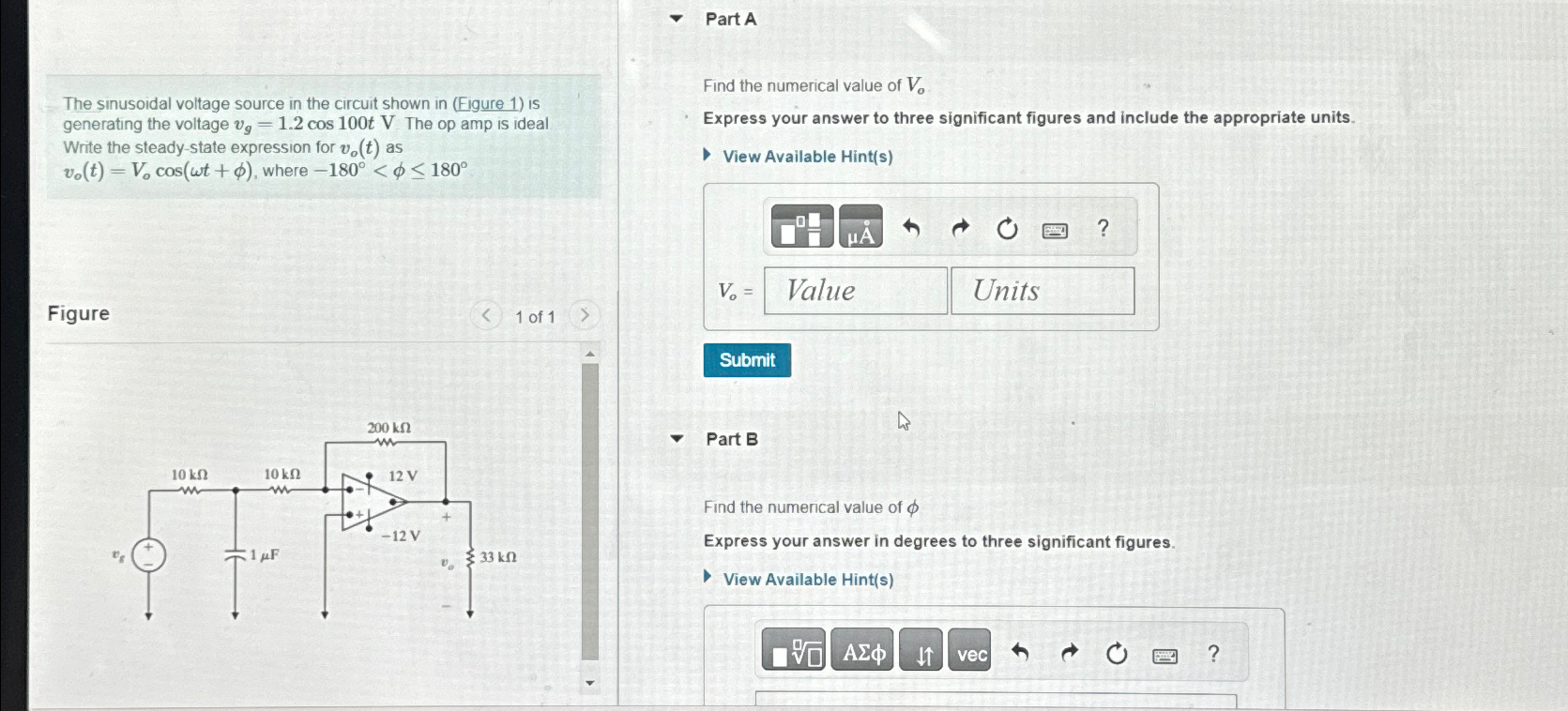 Solved Part AThe sinusoidal voltage source in the circuit | Chegg.com