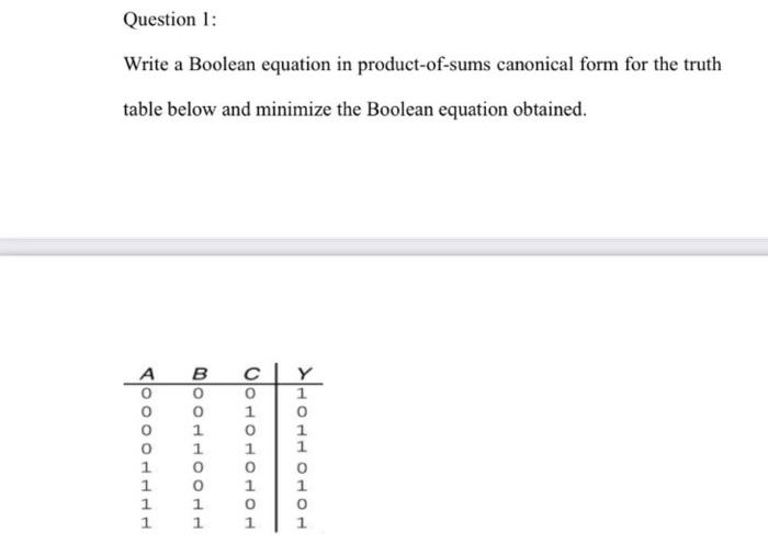 Solved Question 1: Write a Boolean equation in | Chegg.com
