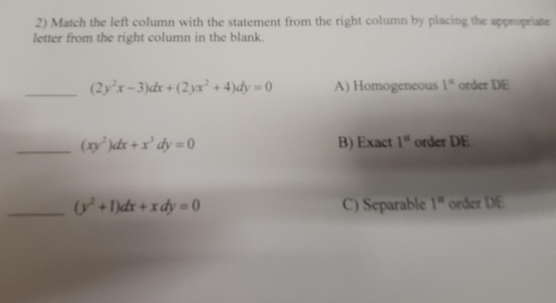Solved 2) Match the left column with the statement from the | Chegg.com