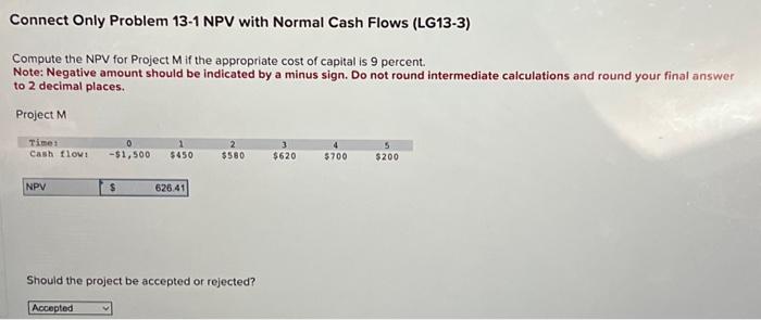 Solved Connect Only Problem 13-1 NPV with Normal Cash Flows | Chegg.com
