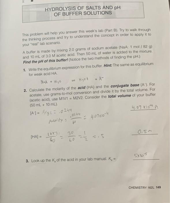 Solved H HYDROLYSIS OF SALTS AND PH OF BUFFER SOLUTIONS This | Chegg.com