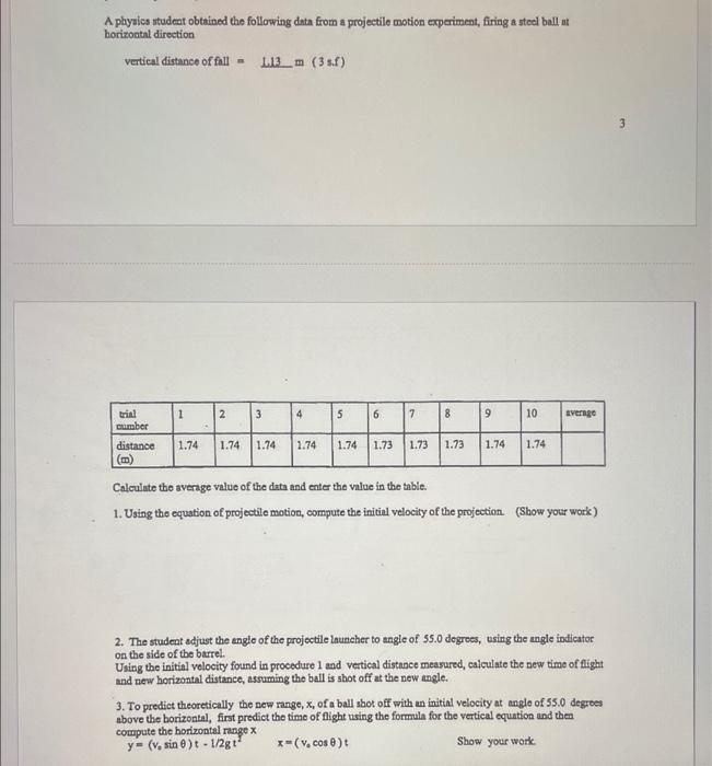 Solved A physies studeat obtained the following data from a | Chegg.com