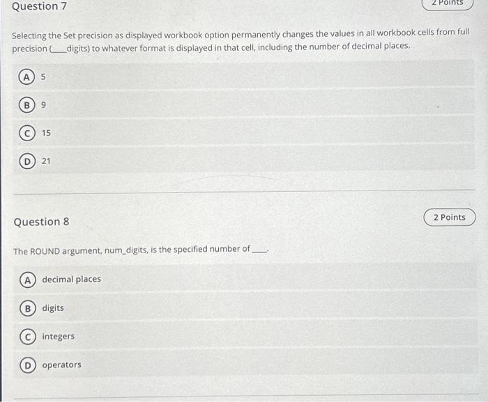 Solved Selecting the Set precision as displayed workbook | Chegg.com