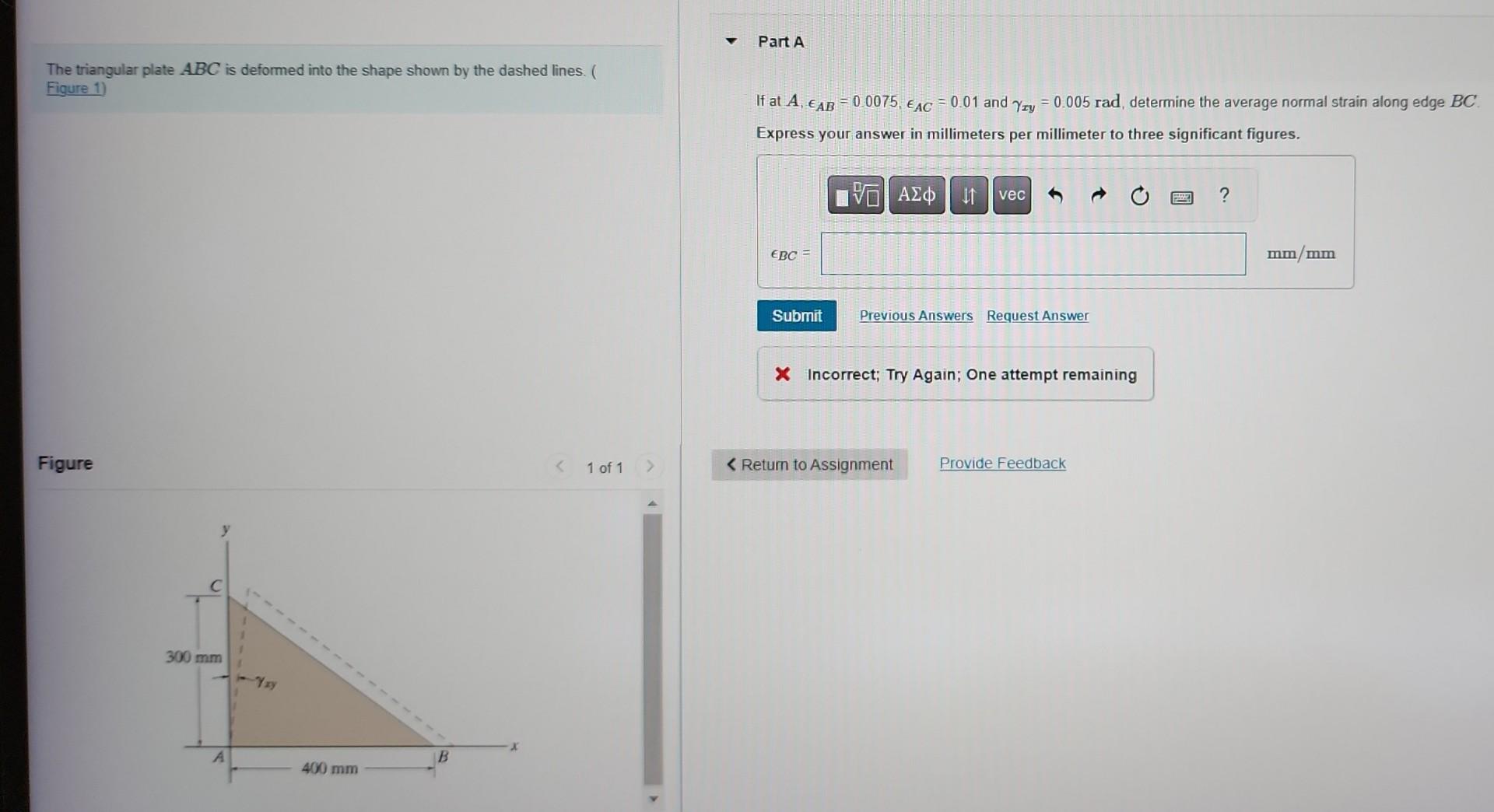 Solved The triangular plate ABC is deformed into the shape | Chegg.com