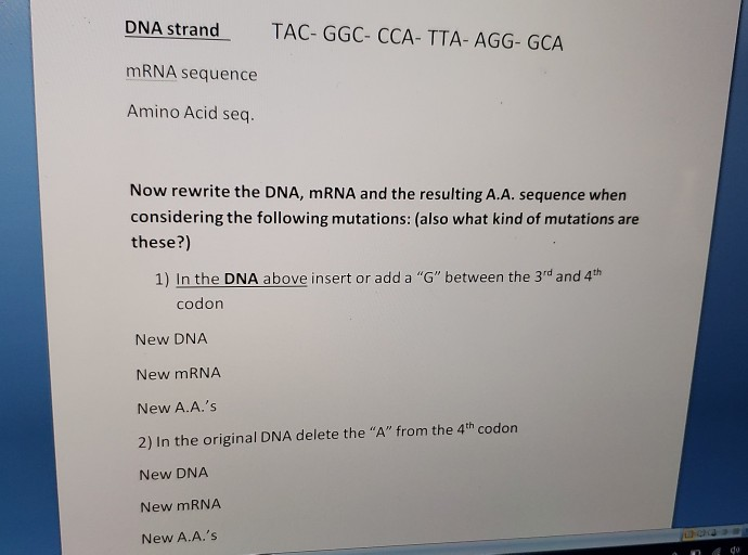 Solved DNA strand TAC-GGC- CCA- TTA-AGG-GCA mRNA sequence | Chegg.com