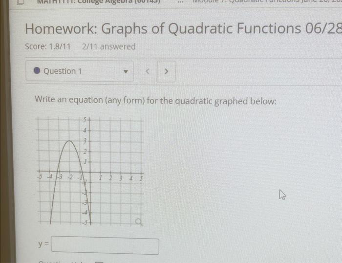 Solved Homework: Graphs of Quadratic Functions 06/2ε Score: | Chegg.com