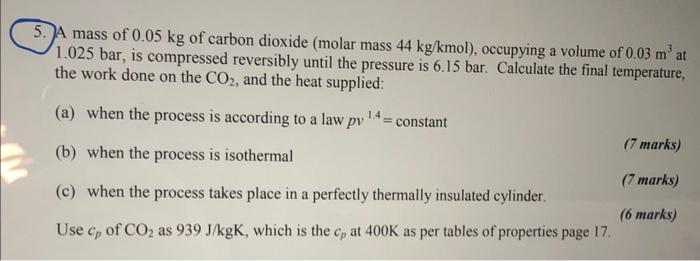 Solved 5. A mass of 0.05 kg of carbon dioxide (molar mass 44 | Chegg.com