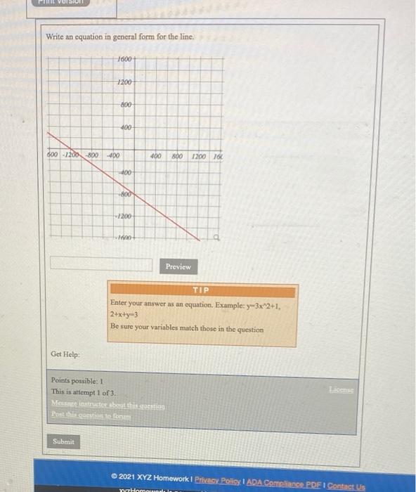 Solved TOSH Write an equation in general form for the line. | Chegg.com