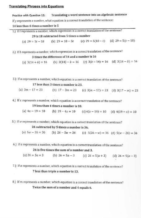 Solved Translating Phrases into Equations Proctice with | Chegg.com