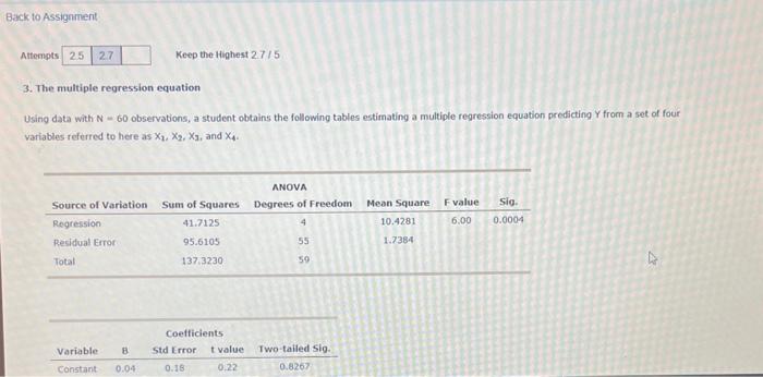 Solved 3. The multiple regression equation Using data with | Chegg.com