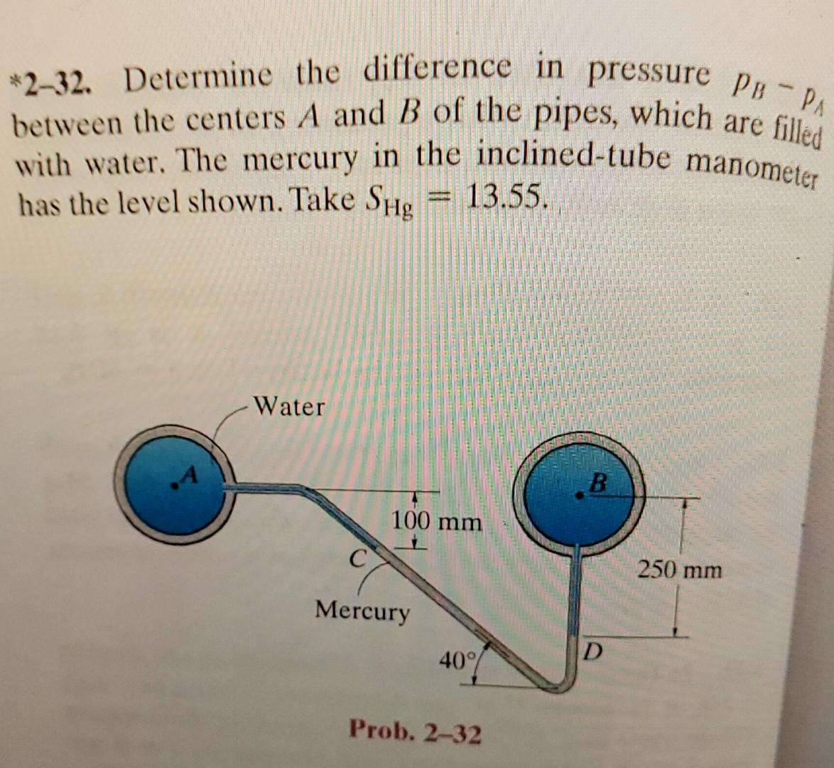 Solved *2-32. Determine the difference in pressure PB PA | Chegg.com