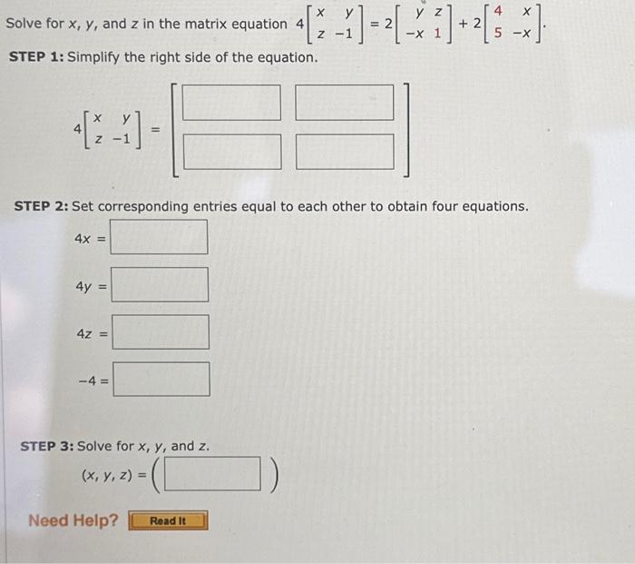 Solved Solve for x,y, and z in the matrix equation | Chegg.com