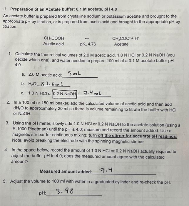 Solved II. Preparation of an Acetate buffer: 0.1 M acetate, | Chegg.com