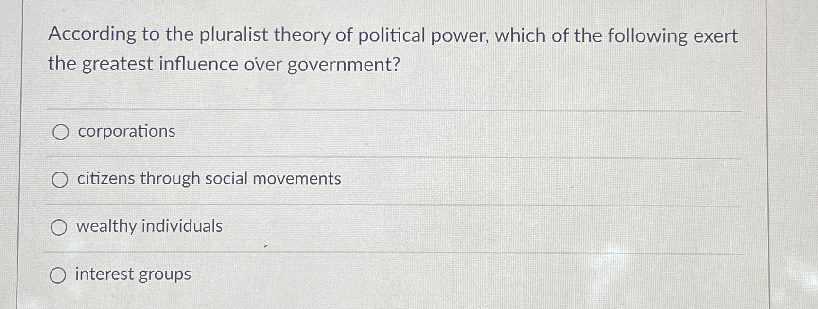 Solved According to the pluralist theory of political power, | Chegg.com