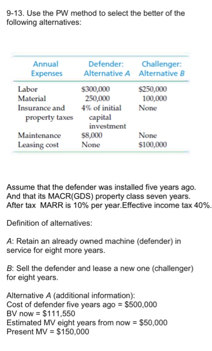 Solved 9-13. Use the PW method to select the better of the | Chegg.com
