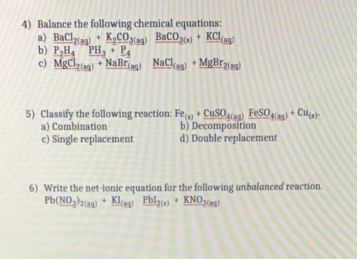 Solved 4) Balance the following chemical equations: a) | Chegg.com