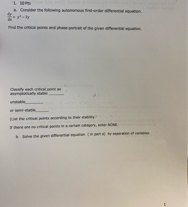 Solved 1. 10 Pts a. Consider the following autonomous | Chegg.com