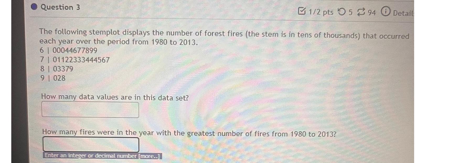 Solved Question 312 ﻿pts5⇄94DetailThe following stemplot | Chegg.com