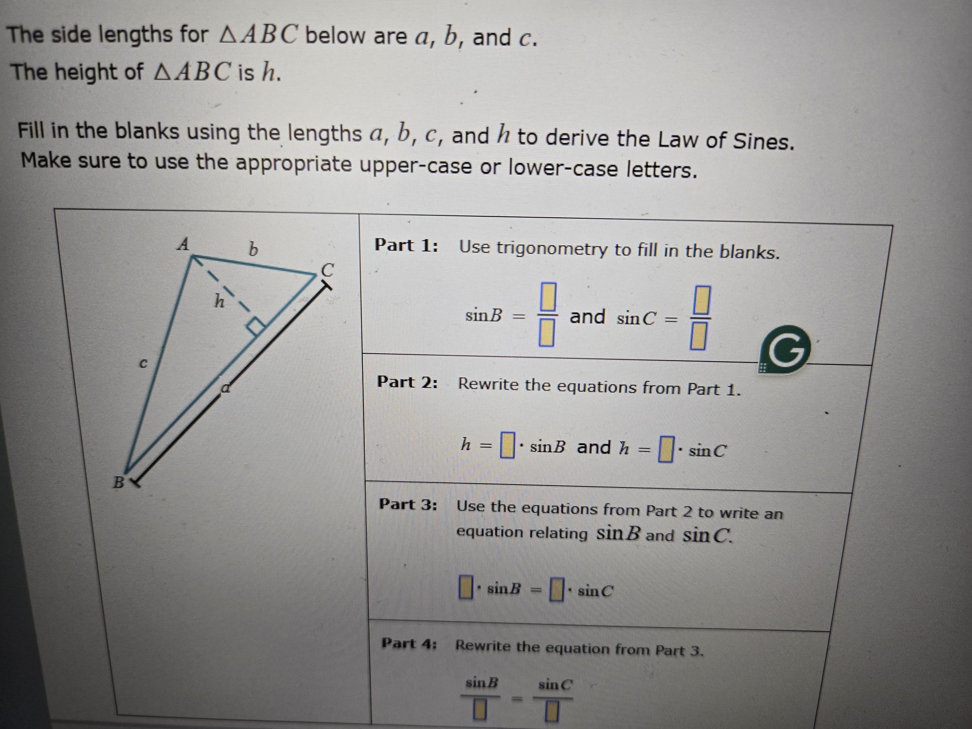 Solved The side lengths for ????ABC ﻿below are a,b, ﻿and | Chegg.com
