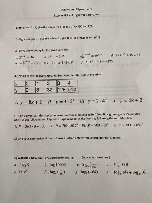 Solved Algebra and Trigonometry Exponential and Logarithmic | Chegg.com