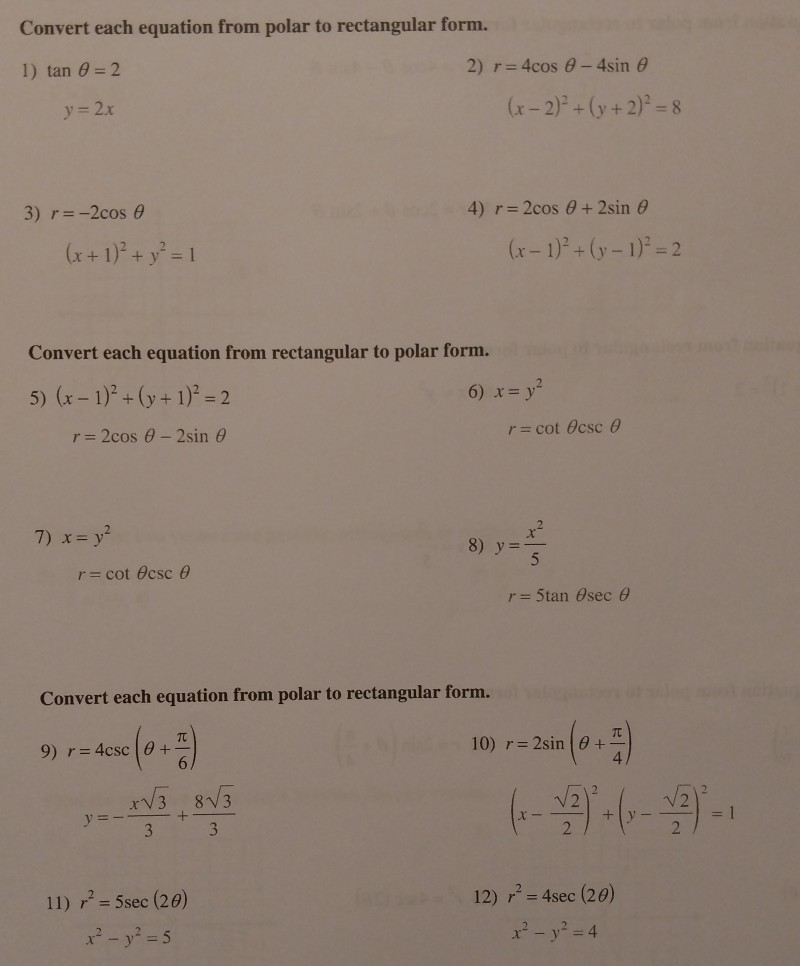 Solved Convert each equation from polar to rectangular form. | Chegg.com
