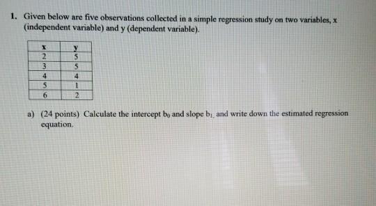 Solved 1. Given below are five observations collected in a | Chegg.com