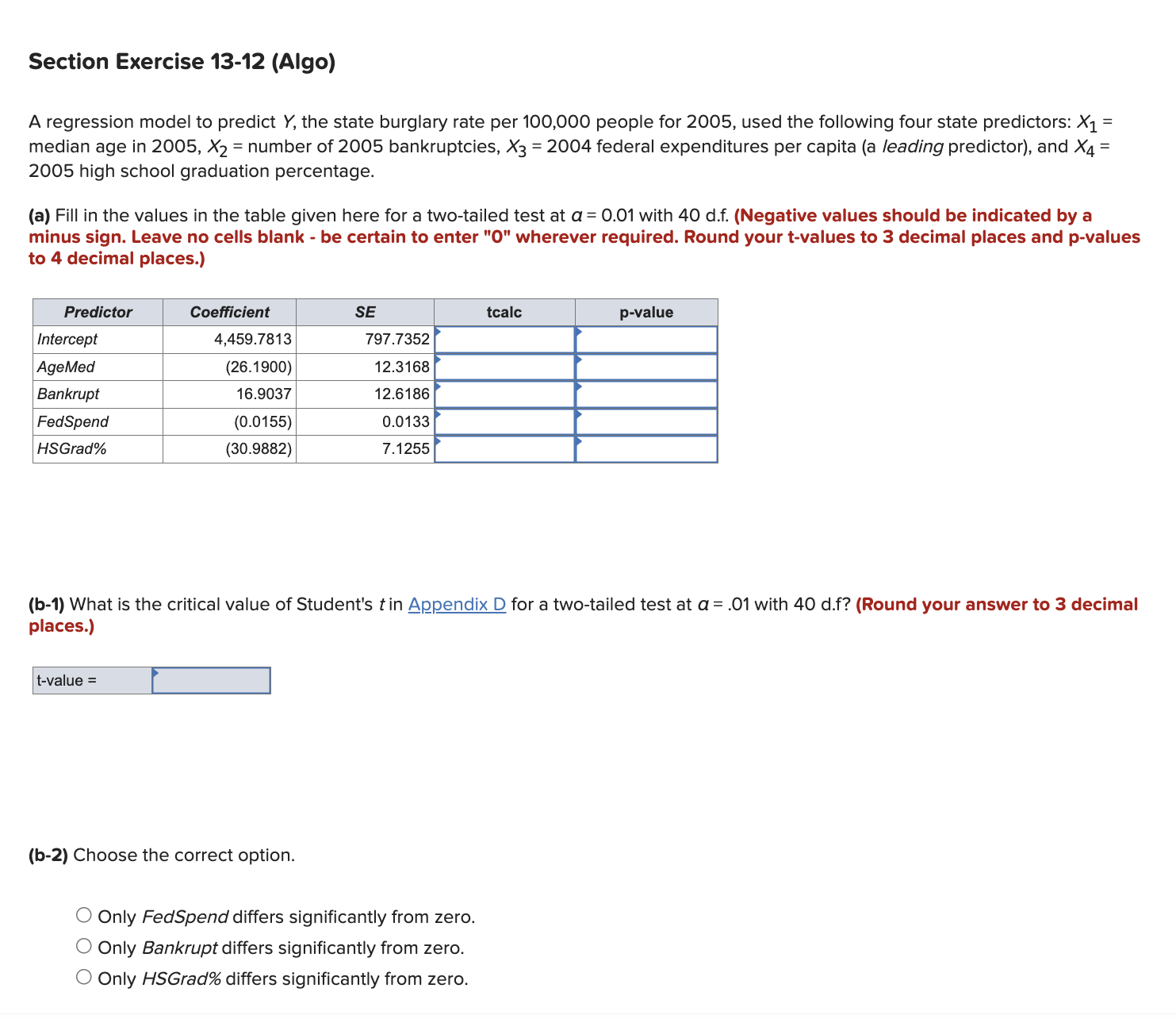 Solved Section Exercise 13-12 (Algo)A regression model to | Chegg.com
