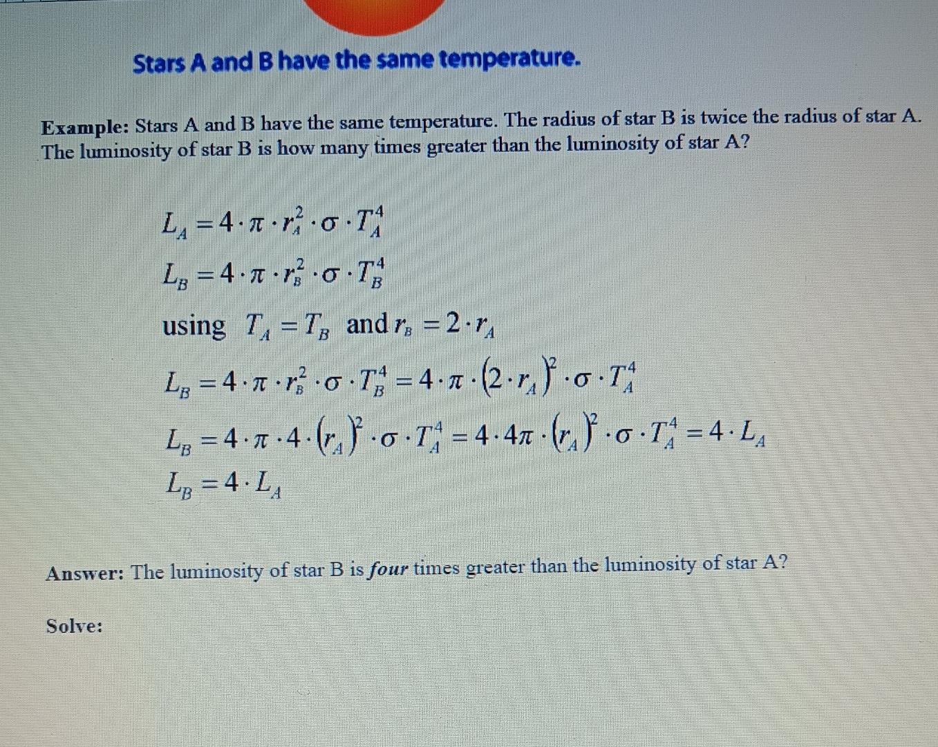 Solved Stars A and B have the same temperature. Example: | Chegg.com