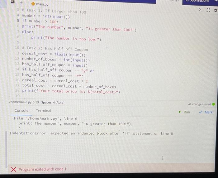 Solved 3 # Task 1: If Larger than 100 4 number = int ( input | Chegg.com