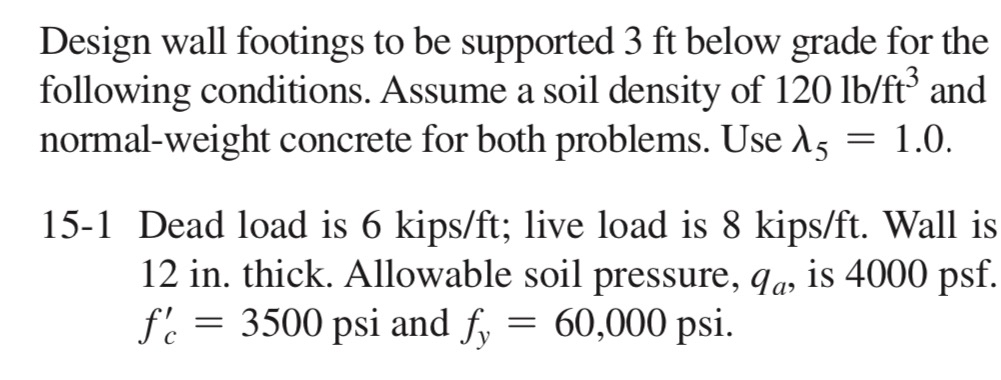 Solved Design wall footings to be supported 3ft ﻿below grade | Chegg.com
